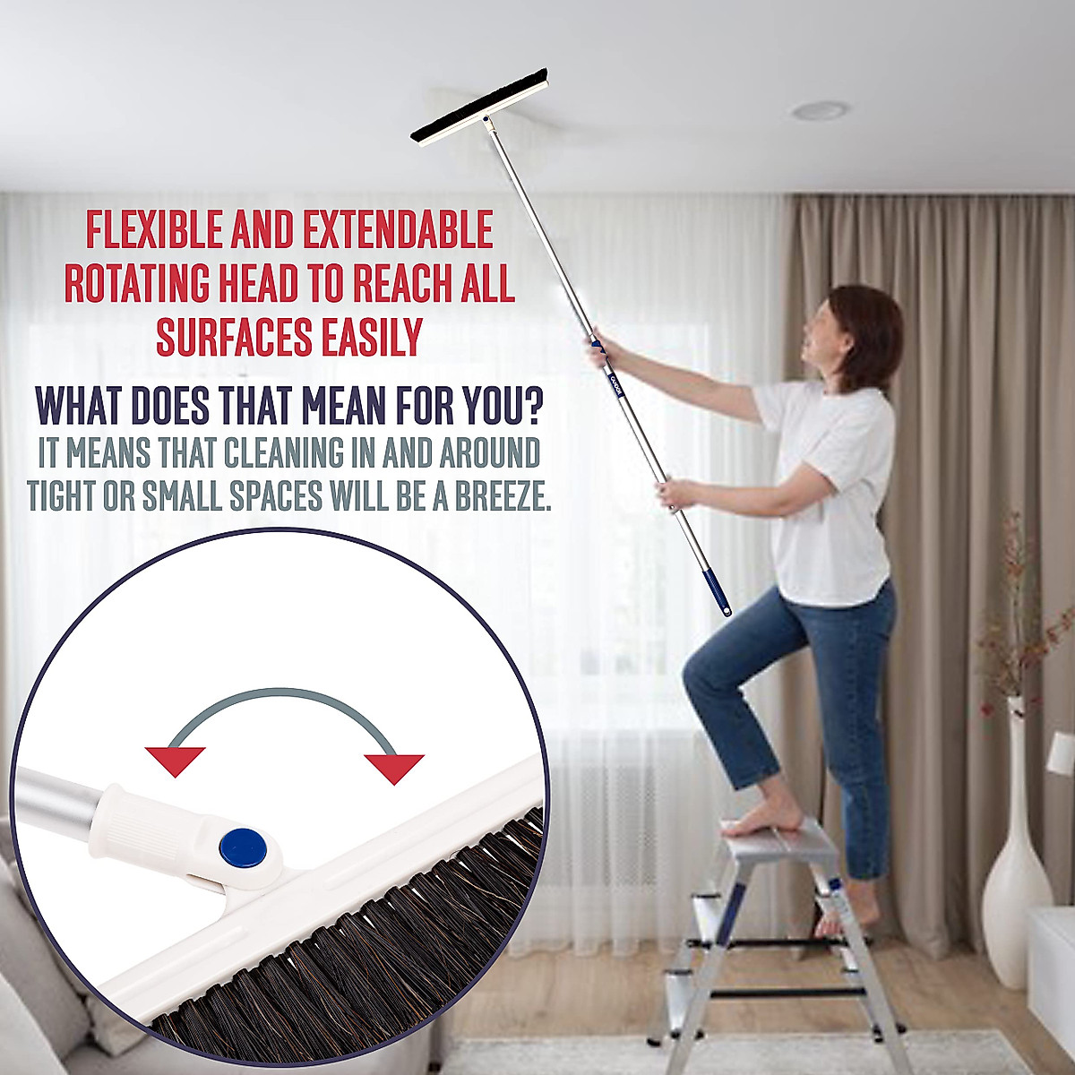 Candor Rotatable Push Broom | 63 Inch Long Lightweight Flexible Cleaning Brush Swiftly Glides Under Beds, Tables, Sofas, Ovens | Also Includes A Handy Brush to Clean The Broom | 18 Inch Head