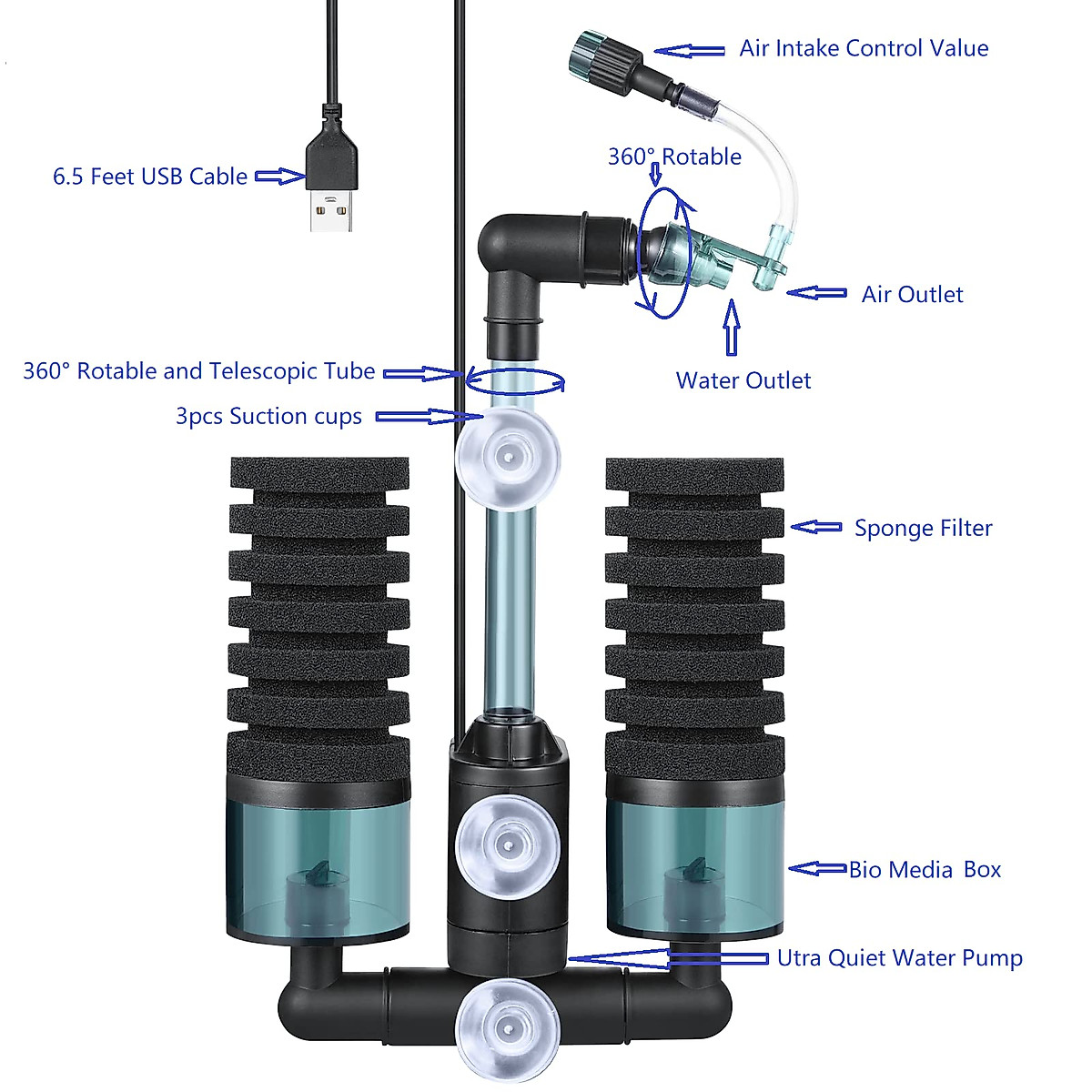 QANVEE Aquarium Sponge Filter Bubbler with Ultra Quiet Water Pump and Ceramic Balls for Fish Shrimp Breeding Tank (Filter M(15-50 Gallon))