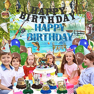 Roetyce Gone Fishing Birthday Decorations, 34PCS Fishing Birthday Banner Balloons Hanging Swirls Centerpieces Cake Topper Kit, Gone Fishin Happy Birthday Backdrop for Kids, Angler Birthday Party Decor