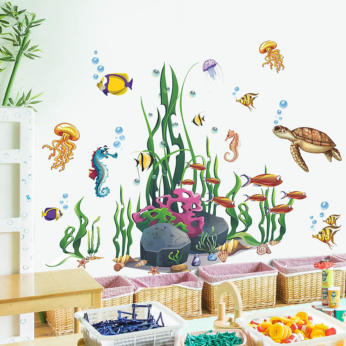 RW-1073 3D Ocean Wall Decals Under The Sea Fish Wall Stickers Ocean Animals Wall Art Decals View Under Sea Removable DIY Stickers for Kids Babys Bedroom Bathroom Living Room Nursery Home Decoration
