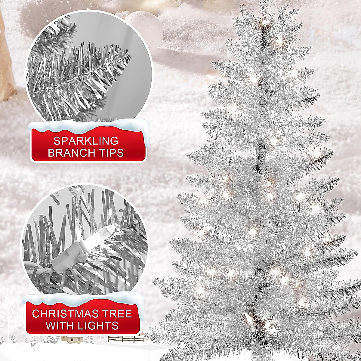 Liguanow 4ft Artificial Christmas Tree with Lights, Indoor & Outdoor Christmas Tree with 50 Warm White Lights, Xmas Pine Tree for Home Office Party Decor, Silver Tinsel