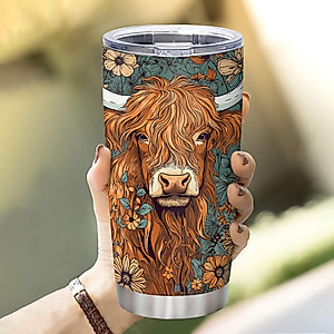 Hyturtle Personalized Gifts For Highland Cow Lover - Highland Cow Customized Name Stainless Steel Tumbler 20oz With Lid - Idea Farm Animals Lover Gifts For Women, Girl, kids On Birthday, Christmas