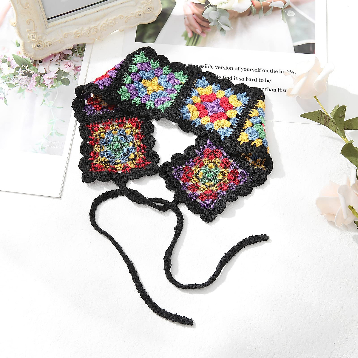 CHLINS Hairband, 3PCS Crochet Headband Women Floral Hairband - Elastic Handmade Crochet Head Wrap Bohemian knit Headband for Women and Girls (Square, Black + Beige + Khaki)