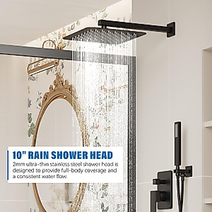 Holispa Black Shower System with Tub Spout, All Metal Tub Shower Faucet Set with 10” Rain Shower Head and Handheld Spray combo, Wall Mounted Tub Shower Systems with Valve and Trim Kit, Matte Black