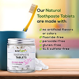Ecofam Kids Toothpaste Chewable Tablets - 90 Natural Xylitol Tabs - Zero Waste Glass Jar - Travel Friendly - Fluoride-Free -with Nano Hydroxyapatite -Vegan - Made in The USA (Bubble Gum)
