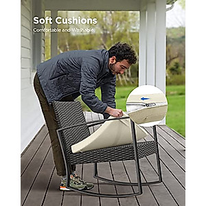 Aiho 3 Pieces Patio Furniture Set, Outdoor Wicker Bistro Rocking Chair Sets with Cushion, Porch Furniture Set with Glass Table, Modern Rattan Conversation Sets for Porches and Balcony, Beige Cushion