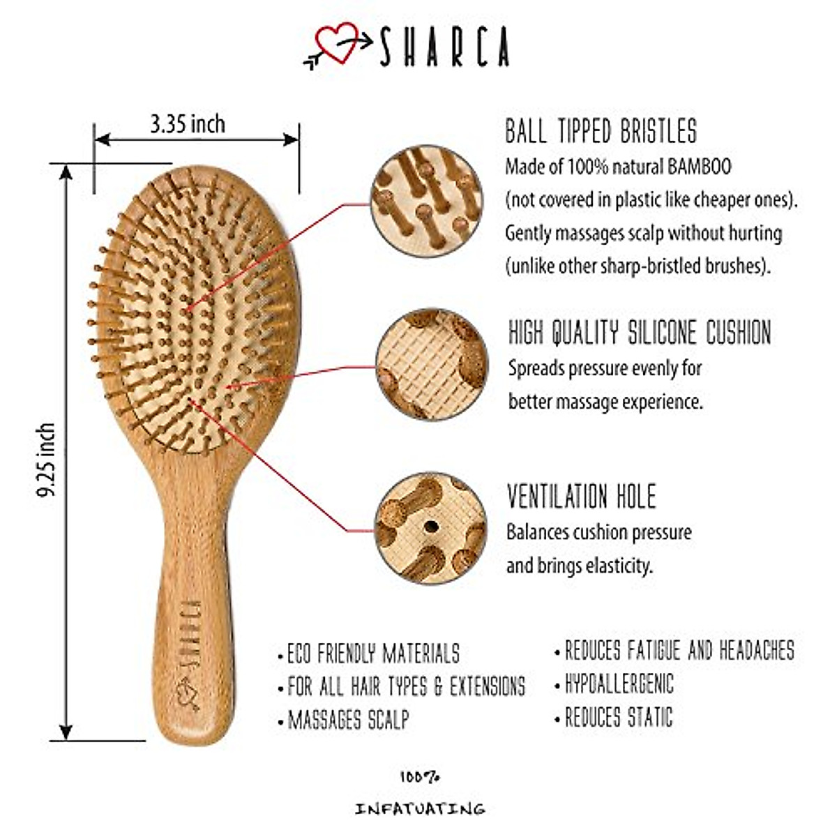 SHARCA Premium Wooden Bamboo Hair Brush with Ball Tipped Bristles from Natural Wood. Organic, Biodegradable, No plastic