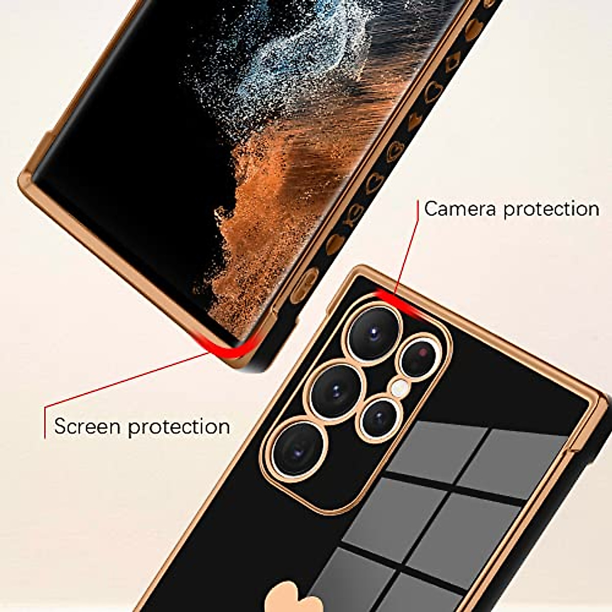 Bonoma Compatible with Samsung Galaxy S22 Ultra 5G Case Love Heart Plating Electroplate Luxury Elegant Case Camera Protector Soft TPU Protective Corner Back Cover Galaxy S22 Ultra 5G Case -Black
