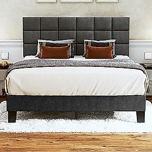 Fluest Queen Bed Frame Upholstered Bed Frame Platform with Adjustable Headboard Linen Fabric Tufted Headboard Wooden Slats Support, No Box Spring Needed, Easy Assembly, Mattress Foundation, Dark Grey