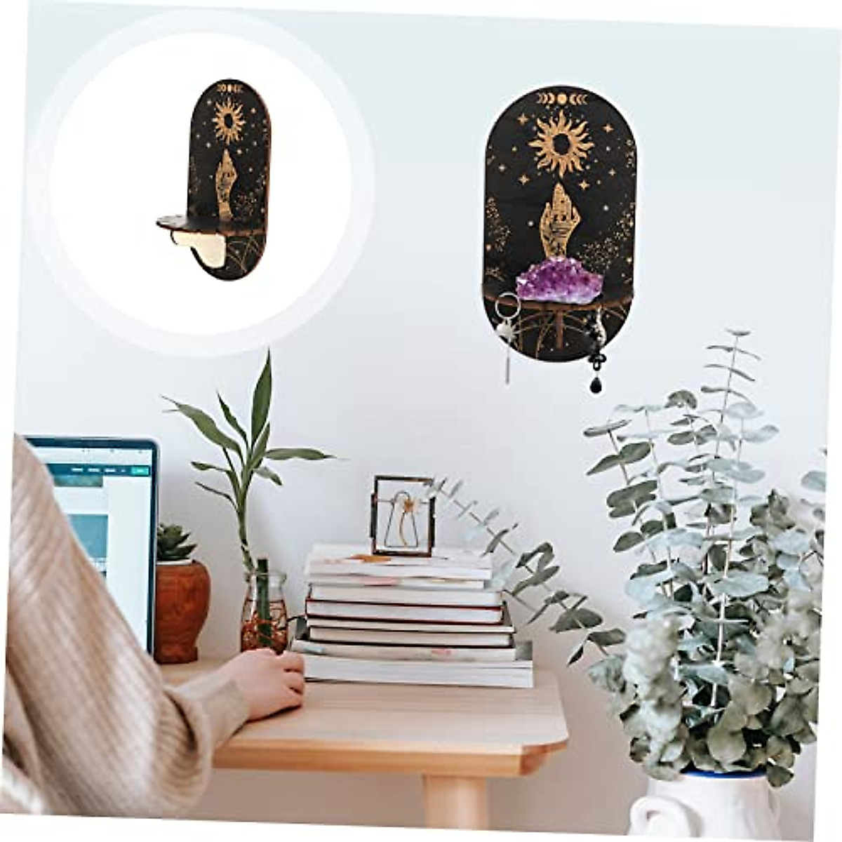 Amosfun 2pcs Stone Crystal Moon Hand Wood Organizer for Gems Display Shelves Phase Divination Room Decoration Wooden Decorative Stand Living Wall Bohemian Style Crystals Delicate