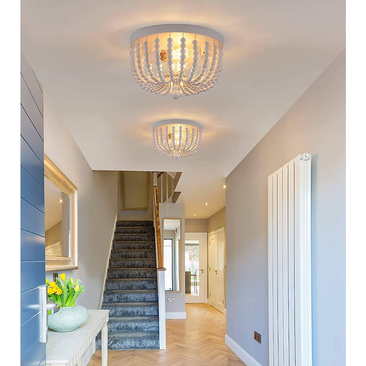 Q&S White Flush Mount Ceiling Light Fixtures,2-Lights Wood Beaded Boho Chandeliers for Nursery Baby Bedroom Dining Room Living Room Kitchen Hallway W11.81