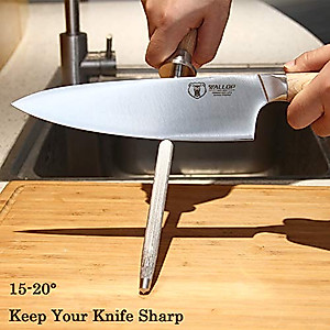WALLOP Honing Steel - Kitchen Knife Sharpener Rod 8 inch - German HC Stainless Steel Honing Steel for Honing Chef Knife Blades - Natural Pakkawood Handle with Gift Box