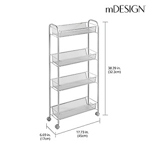 mDesign Slim Steel Metal Rolling Utility Cart Storage Organizer Trolley with 4 Basket Shelves for Laundry Room, Kitchen, Bathroom Organization - Narrow Holder for Detergent - Biro Collection, Silver