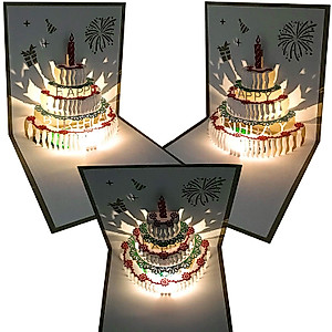 3D Birthday Cards, Auto Play Music Warm LED Light Birthday Cake Card, Greeting Cards Birthday Music Cards for Mom Wife Sister Boy Girl and Friends 1 Pack