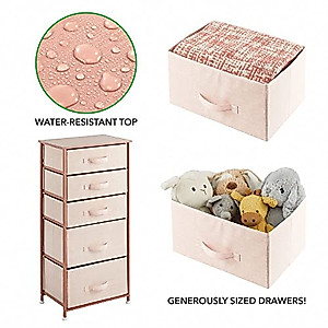 mDesign Storage Dresser Furniture Unit - Tall Standing Organizer Tower for Bedroom, Office, Living Room, and Closet - 5 Drawer Removable Fabric Bins - Light Pink/Rose Gold