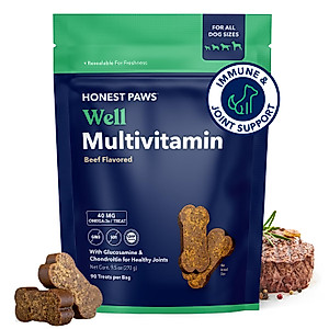 Honest Paws Dog Multivitamin Soft Chews - Joint Flexibility Mobility Support - Soft Shiny Healthy Coat - Immune, Eye, Heart Support - Glucosamine & Chondroitin, Omega-3 Fatty Acids - Beef Flavor