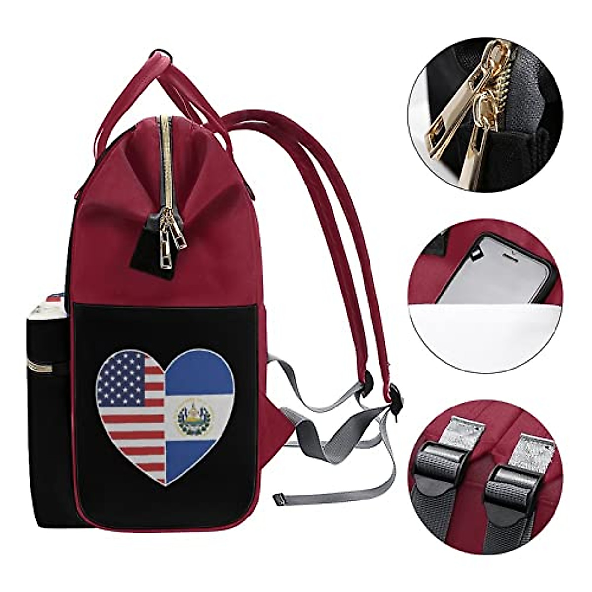 El Salvador and America Flag Heart Diaper Bag Backpack Large Capacity Mommy Bags Multifunction Nappy Bag Travel Back Pack Red-Style