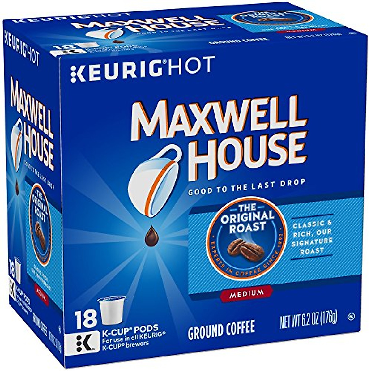 Maxwell House Original Roast Coffee, K-CUP Pods, 18 Count (Pack of 6)