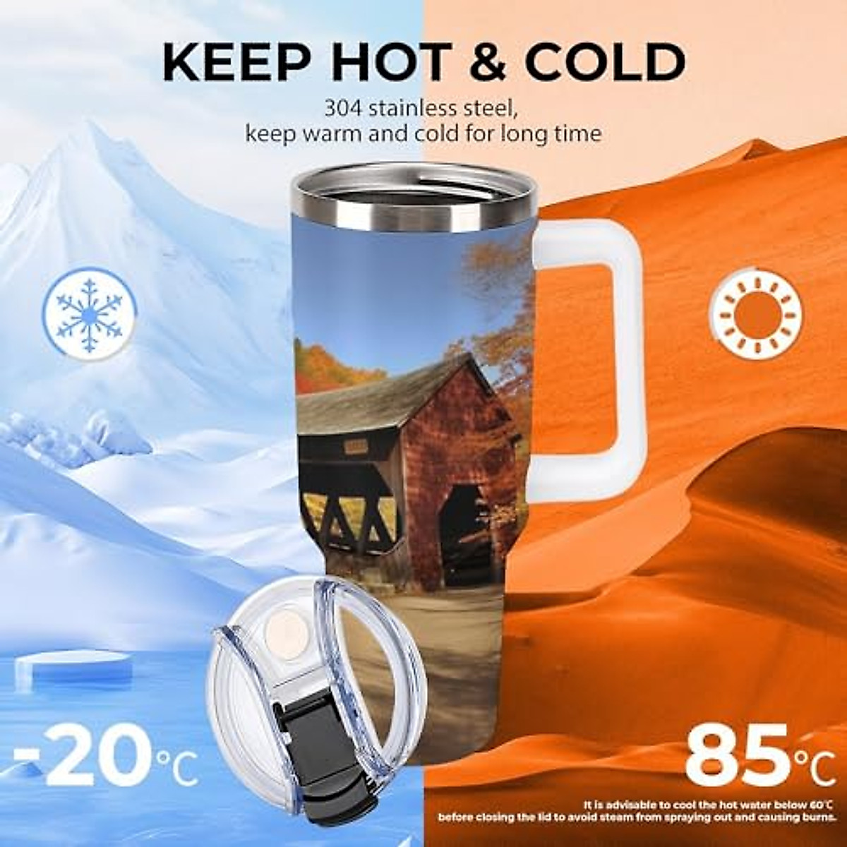 ADASGHBY Large Capacity Car Cup with Straw Lid Albany Covered Bridge Leakproof Insulated Stainless Steel Tumbler Fits in Car Cup Holder