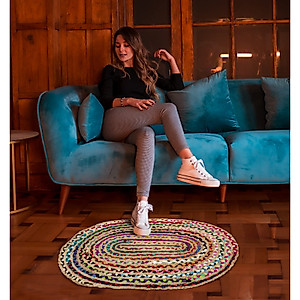 NAQSH Multicolor Handmade Braided Rugs - (2x3 Feet, Multi Jute+Cotton (Oval)