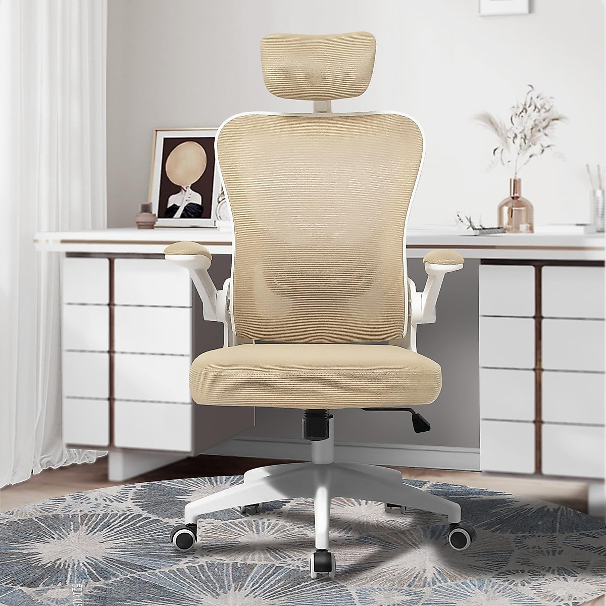 SenceHome Office Chairs, Ergonomic Office Chair, High Back Desk Chair with Adjustable Headrests, Lumbar Support and Flip-up Armrests, Breathable Mesh Computer Chair for Home Office (Khaki)