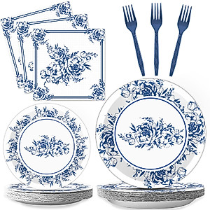 96 PCS Floral Blue & White Flower Party Tableware Set Disposable Party Supplies Decorations Bridal Birthday Baby Shower Tea Spring Summer Dinnerware Decor for Men Women Plates Napkins Forks Serve 24