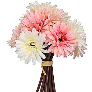 BigOtters Fake Daisy Fake Flowers, 14PCS Faux Gerbera Daisies African Silk Daisy Flowers Artificial for Wedding Bridal Bouquet Party Home Kitchen Decor(Pink and White)