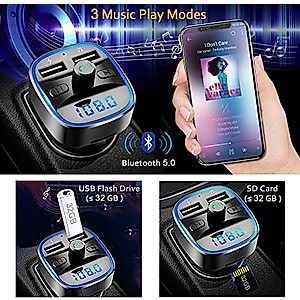 Bluetooth FM Transmitter for Car, Blue Ambient Ring Light Wireless Radio Car Receiver Adapter Kit with Hands-Free Calling, Dual USB Charger 5V/2.4A and 1A, Support SD Card, USB Disk (Black)