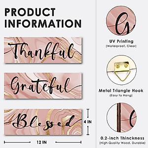 3 Pieces Funny Rustic Wooden Art Wall Hangings Set, Thankful Grateful Blessed, Pink Gold Marble Style Wood Signs 12 X 4 Inches for Home, Living Room, Bedroom, Office, Cafe, Hotel Wall Decor