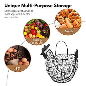 Flexzion Chicken Egg Holder, Small Wire Egg Collecting Basket with Handle for Farm Eggs, Fruits, Vegetables, Metal Wire Chicken Basket Decor for Kitchen, Countertop, Farmhouse Rustic Style, Brown