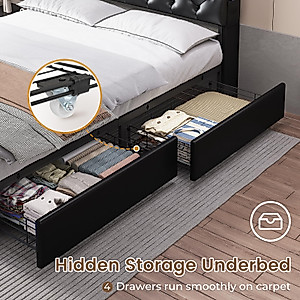 HAUOMS Queen Bed Frame with 3-Tier Headboard & Hidden Storage, Upholstered LED Bed Frame with 4 Drawers and Charging Station,Platform Metal Bed Frame with Storage, No Box Spring Needed, PU Black