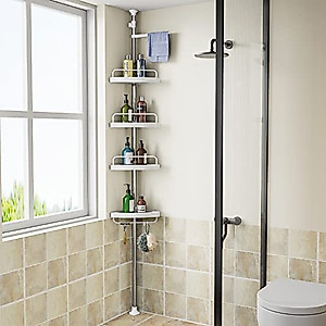 Corner Shower Caddy Tension Pole: Adjustable Stainless Steel Shower Organizer with 4 Tier Shelf for Bathroom Bathtub Tub Shampoo - Floor Standing Rack Bath Storage Holder with Rust Proof Rods