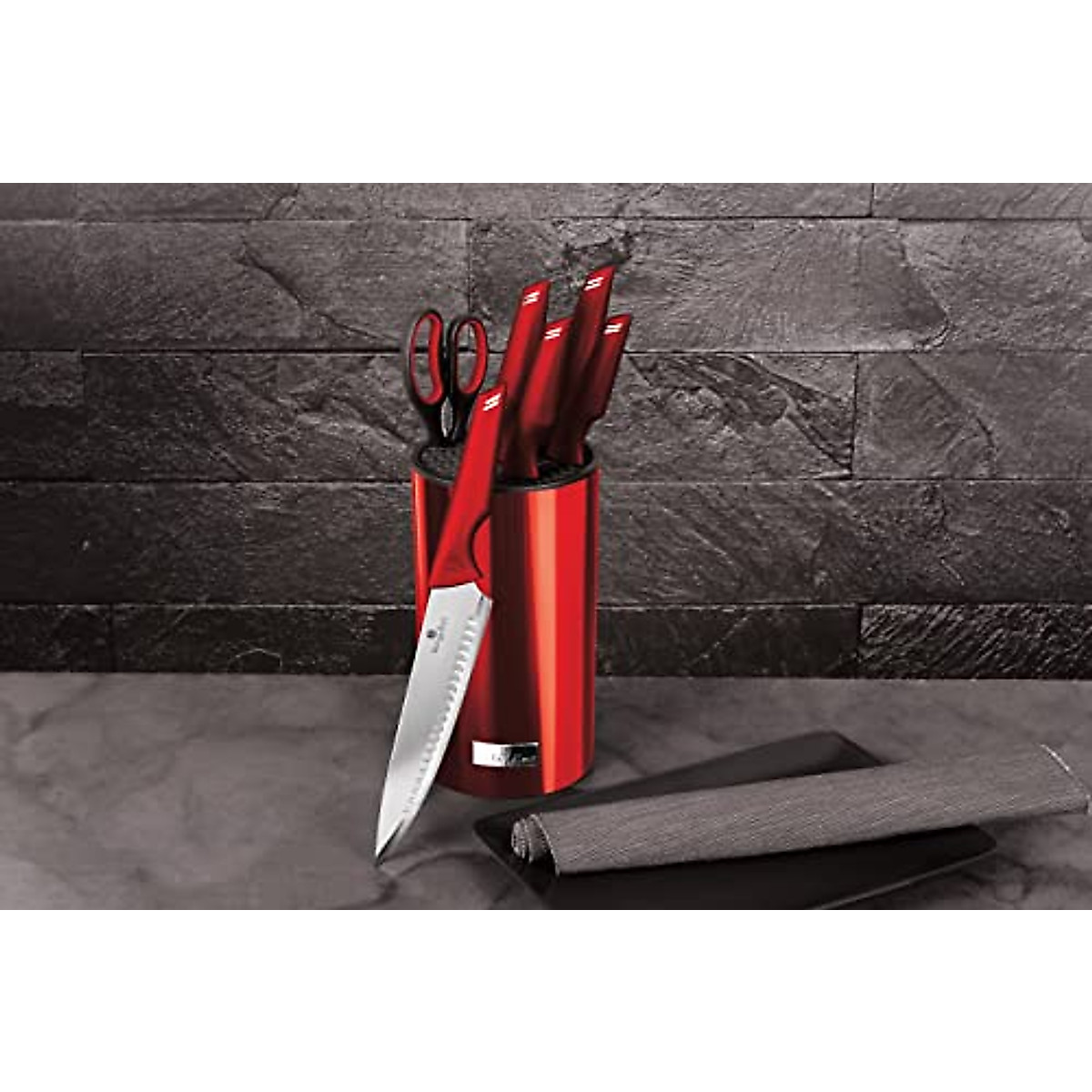 Berlinger Haus Kitchen Knife Set with Block, 7 Piece Knives Set for Kitchen, Modern Cooking Knives with Kitchen Shears, Sharp Cutting Stainless Steel Chef Knife Set with Mobile Stand, Red