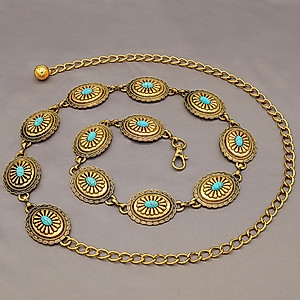 Liutufy Women's Turquoise Concho Chain Belt Western Cowgirl Metal Waist Chain Belt for Dress (B Gold-M)