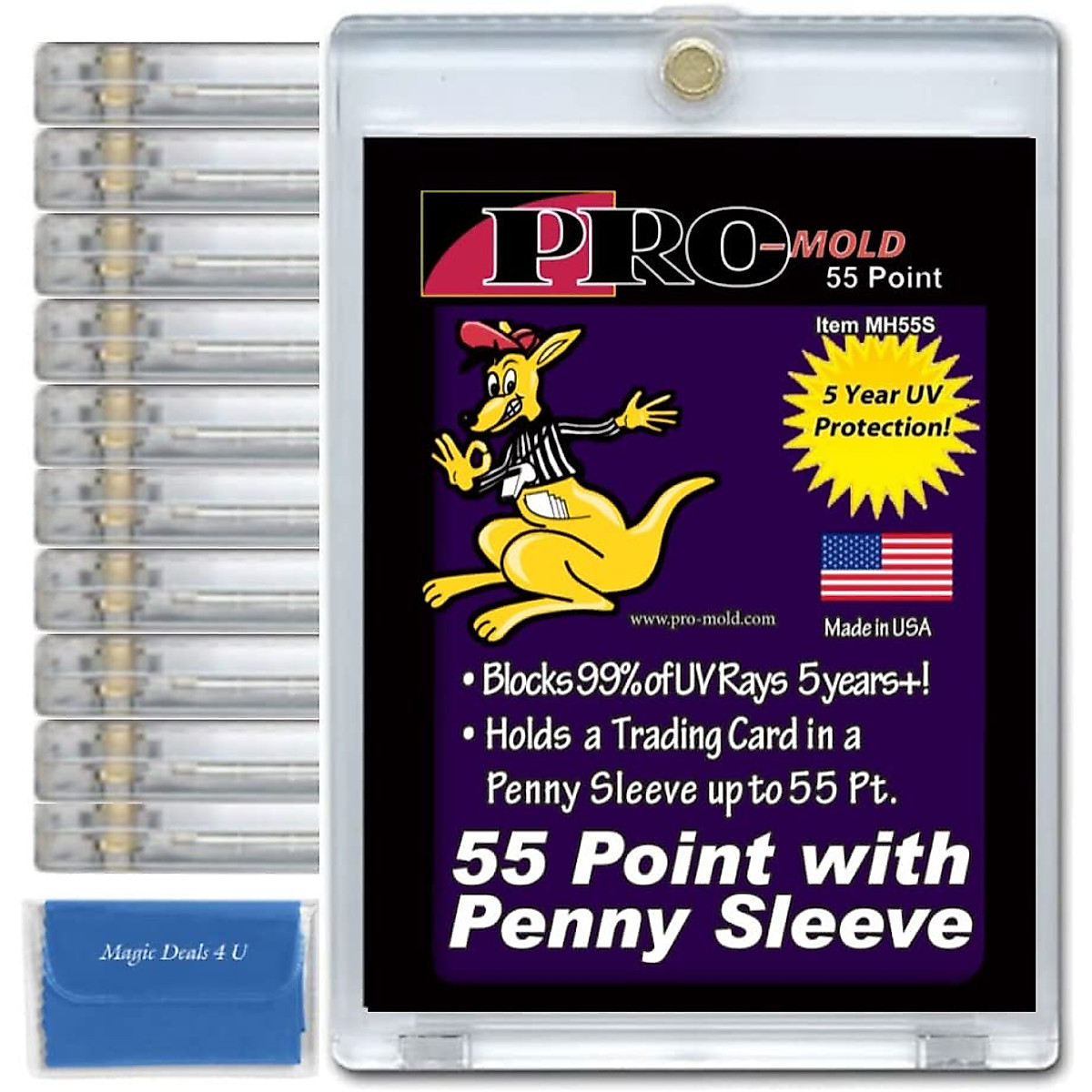 10-Count Pro-Mold 55pt. Magnetic ONE-Touch Card Holders Holds Sleeved Card MH55S (with Microfiber Cloth)