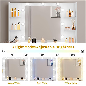 DWVO Vanity Desk with Mirror and Lights, Makeup Vanity Set with Power Outlet, Drawers & Cabinet, 3 Colors Lighting Adjustable Brightness, Dressing Table for Bedroom, Storage Stool, Off White