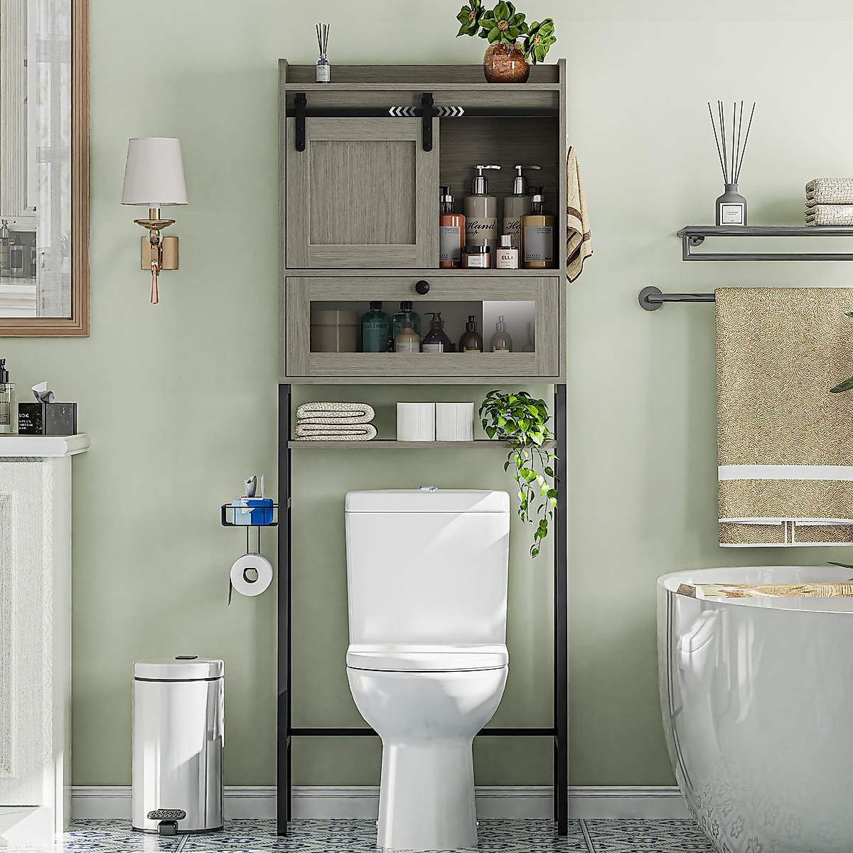 Over The Toilet Storage Cabinet, Storage Cabinet Over Toilet with Sliding Door & Toilet Paper Holder Stand, Freestanding Toilet Shelf Washer Shelf Space Saver Wood Cabinet with Metal Stand, Grey