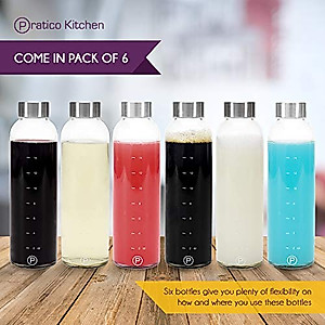 Pratico Kitchen 18 oz.Leak-Proof Clear Glass Bottles, Juicing Containers, Water / Beverage Bottles - 6-Pack