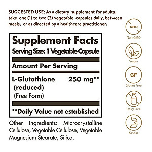 Solgar Reduced L-Glutathione 250 mg, 60 Vegetable Capsules - Antioxidant Support - Free Form Amino Acids - Non-GMO, Vegan, Gluten Free, Dairy Free, Kosher - 60 Servings