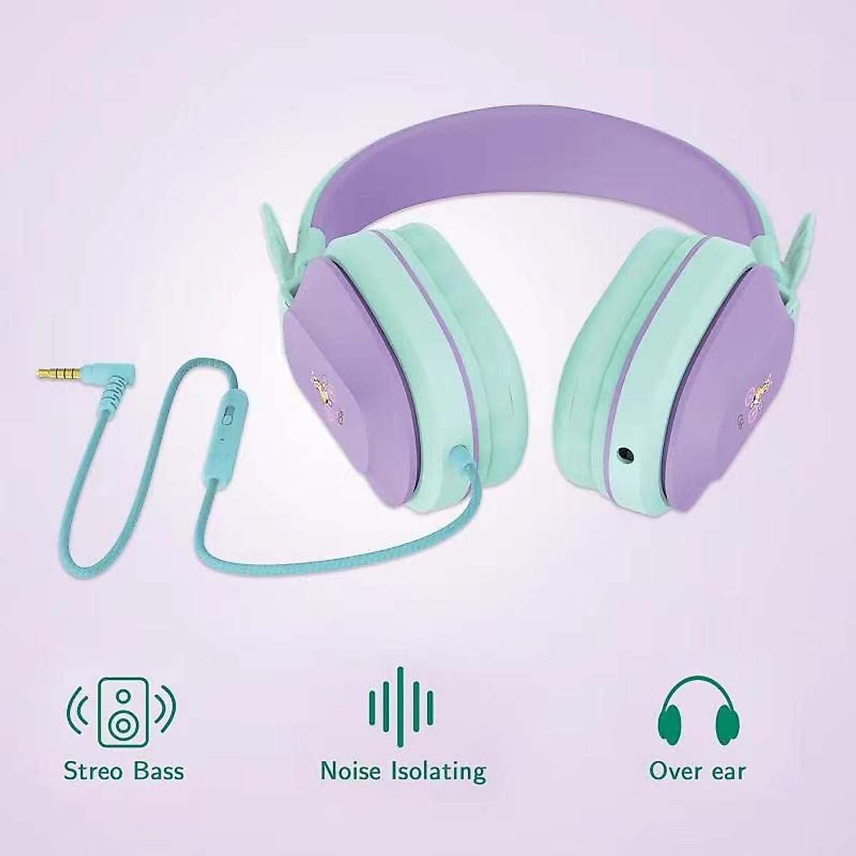 Riwbox Kids Headphones Wired,CS6 Stereo Sound Foldable Headphones for Kids Over Ear Toddler Headphones with Mic and Volume Control Compatible for Smartphones, PC and Tablets (Purple&Green)