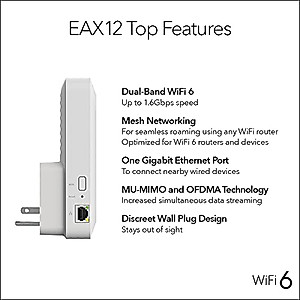 NETGEAR WiFi 6 Mesh Range Extender (EAX12) - Add up to 1,200 sq. ft. and 15+ Devices with AX1600 Dual-Band Wireless Signal Booster & Repeater (up to 1.6Gbps Speed), WPA3 Security, Smart Roaming