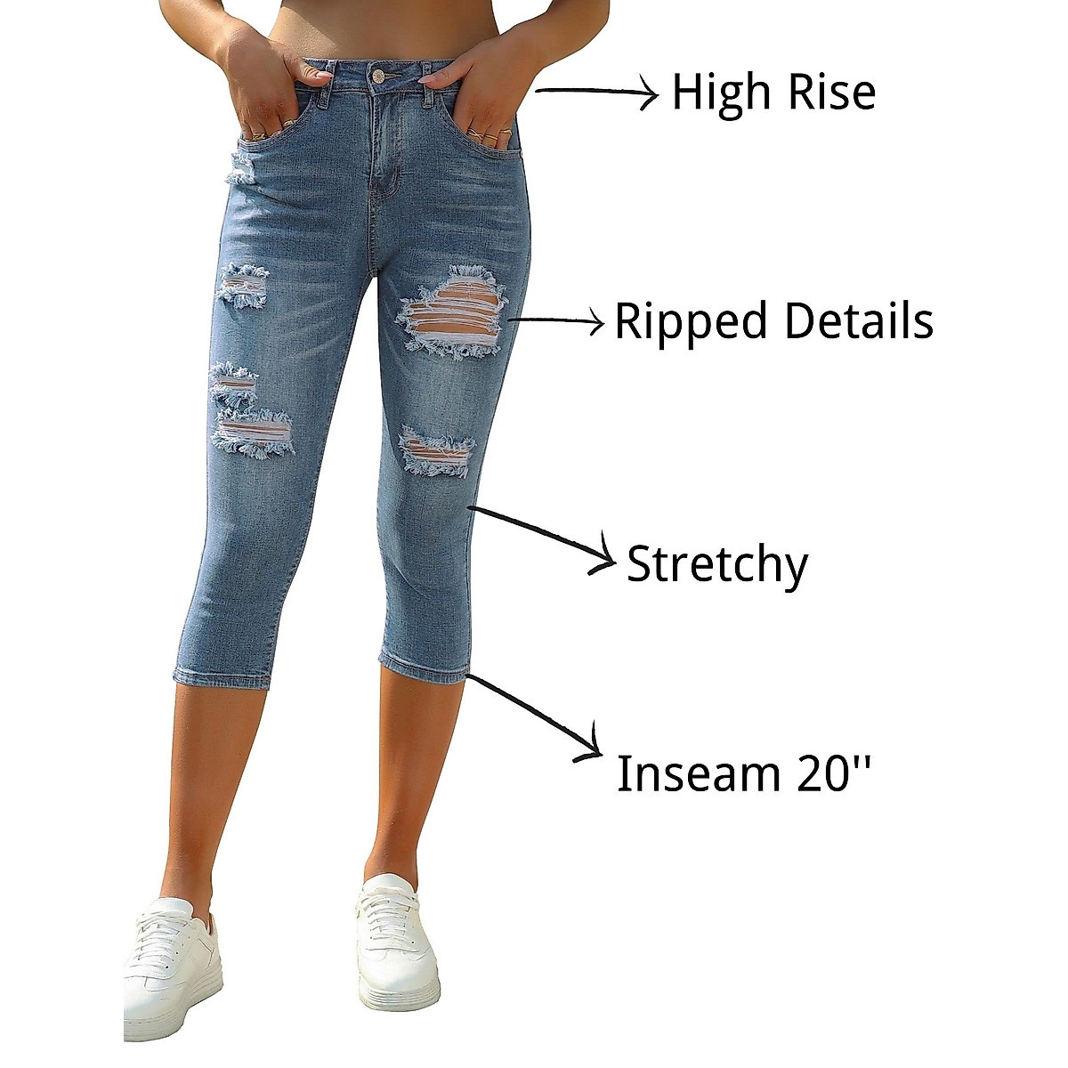 luvamia Womens Capri Jeans for Women High Waisted Skinny Ripped Jean Distressed Denim Capri Pants Casual Short Jeans Classic Blue Size Small Fits Size 4 to Size 6