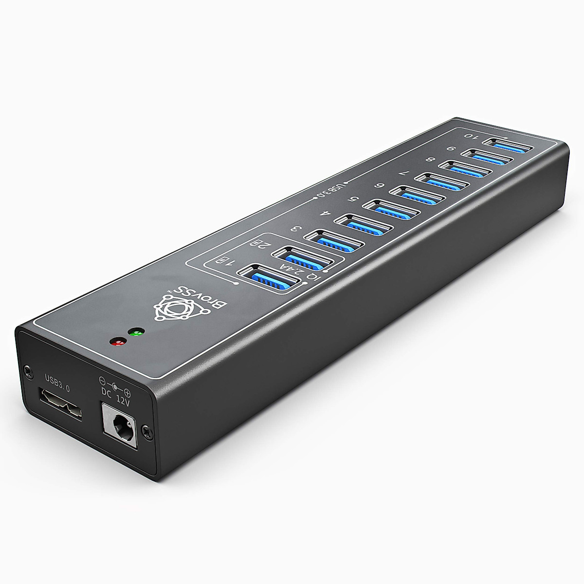 BrovSS: 10 Port Powered USB 3.0 Hub Aluminum with 4 IQ Ports - USB 3 Splitter with 12V 3A 36W Power Adapter. Connect up to 10 Electronics and USB peripherals (Black)