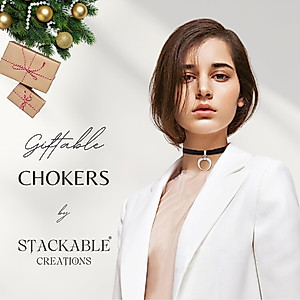 STACKABLE CREATIONS Black Suede Leather Choker Necklace with Silver Crescent Moon Pendant for Women Men