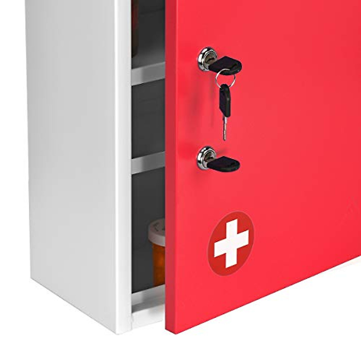 AdirMed Medicine Cabinet with Pull-Out Shelf & Document Pocket - Large Dual Lock Wall Mounted Steel Medical Organizer - Secure Storage for Medicine First Aid and Emergency Kit (Red)