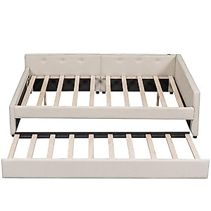 CABSETT Queen Size Upholstered Platform Bed with Trundle, Wood Daybed Frame Sofa Bed with USB for Bedroom Living Room Guest Room, Wood Slat Support, Space Saving Design, Beige