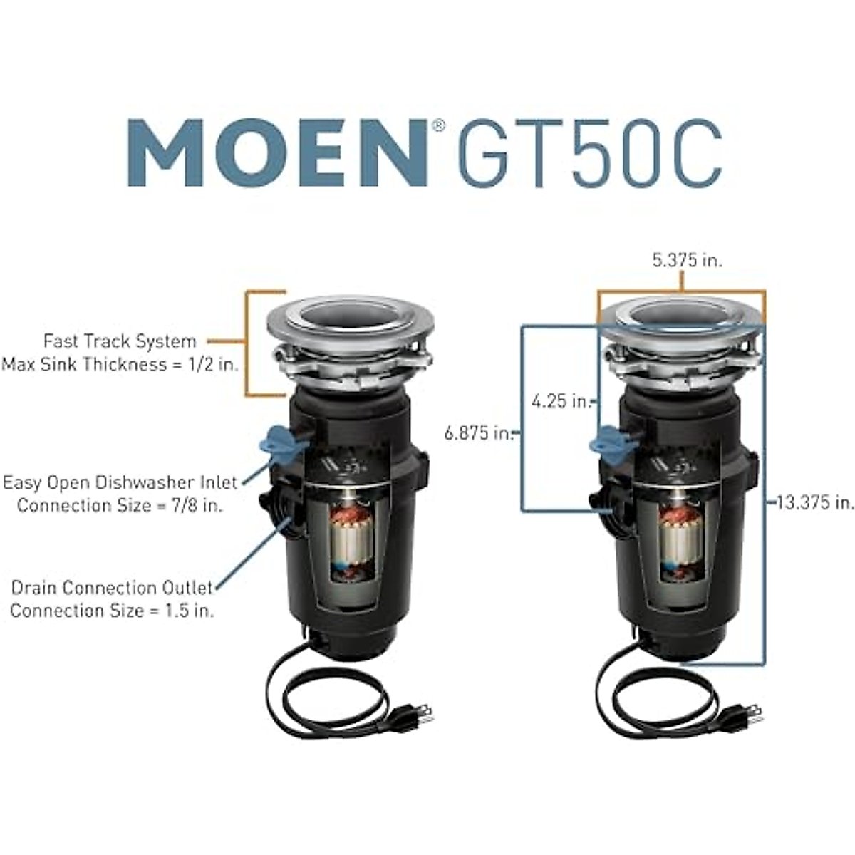 Moen Prep Series Disposer 1/2 Horsepower Continuous Feed Garbage Disposal featuring Fast Track Technology, Power Cord Included, GT50C