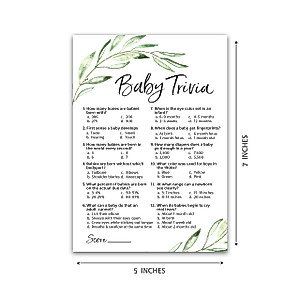 GREENERY Baby Shower Game — BABY TRIVIA Games — Pack of 25 — Fun Baby Facts Games, Floral, Green, Olive Branch Baby Shower Activity, Rustic Gender Neutral Baby Shower Games, G320-TRV