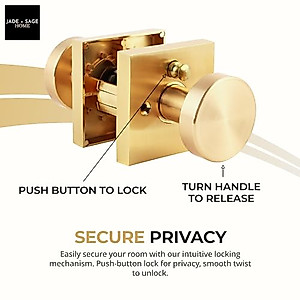 JADE + SAGE Harper Gold Door Knob - Keyless Privacy Locking Interior Door Handle, Modern Door Knob, Square Rosette, Gold Plated Interior Door Handle, Mid-Century Modern Door Knob, Gold Finish