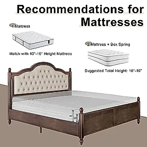 AMERLIFE Solid Wood Bed Frame Queen Size, Transitional Platform Bed with 52.5" Upholstered Tufted Headboard, Rubberwood/Roman Column Accents/Wood Slat Support/No Box Spring Needed